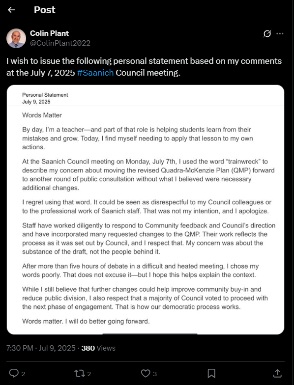 Saanich Councillor Colin Plant apologizes for using “the word ...